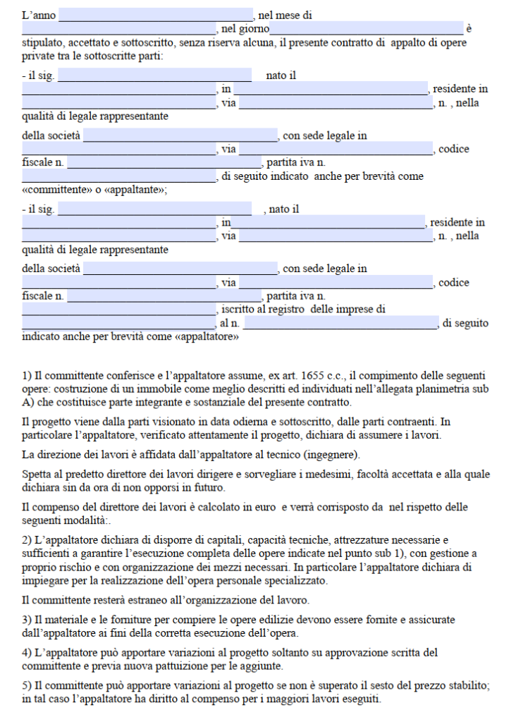 Contratto di Appalto per Lavori Edili Privati - Fac Simile e ...